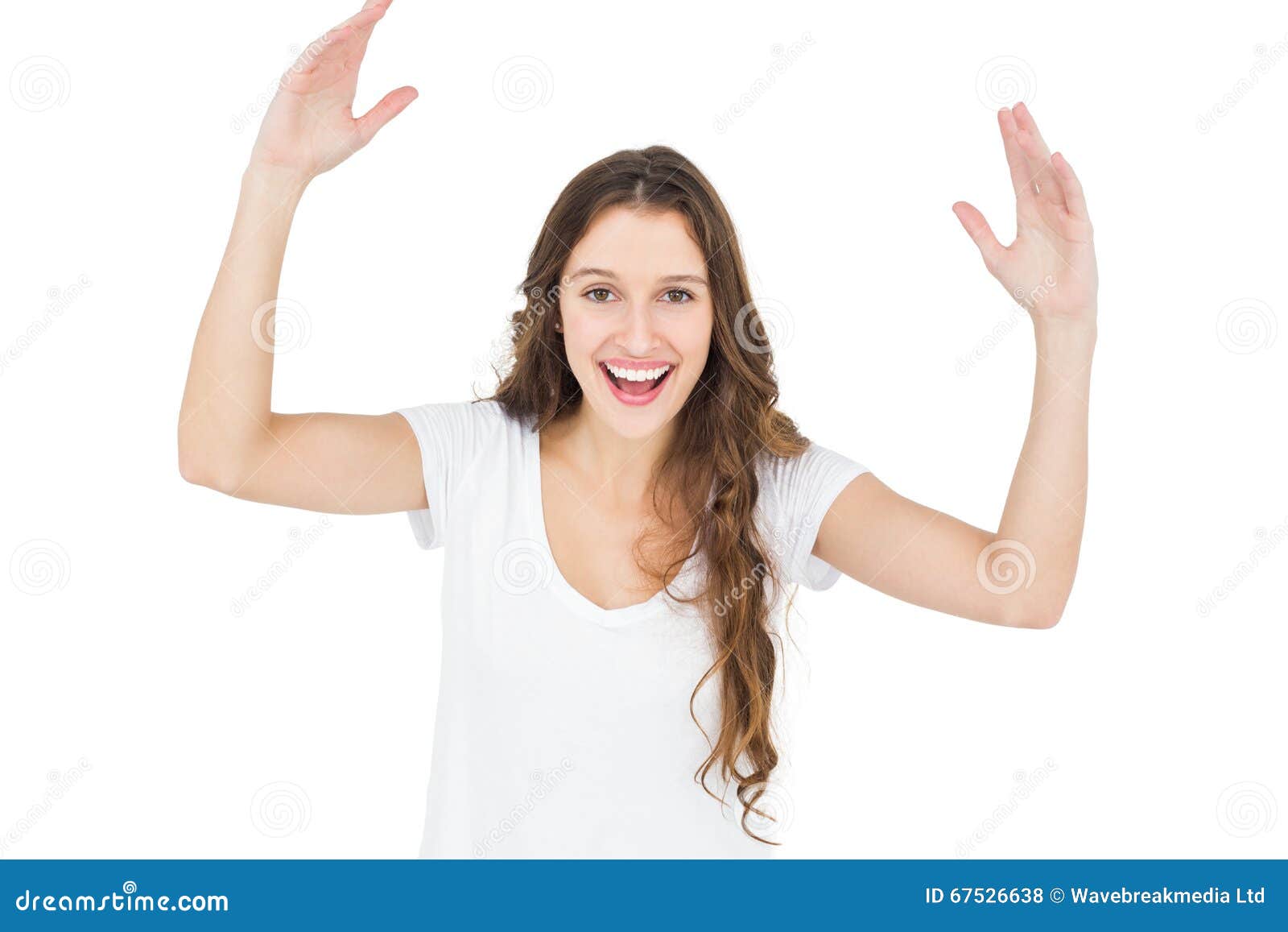 Happy woman raising hands stock photo. Image of cool - 67526638