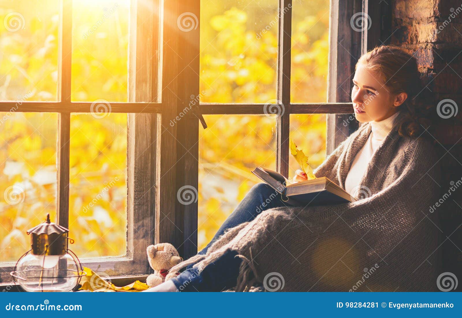 Happy Woman Reading Book by Autumn Window Stock Image - Image of home ...
