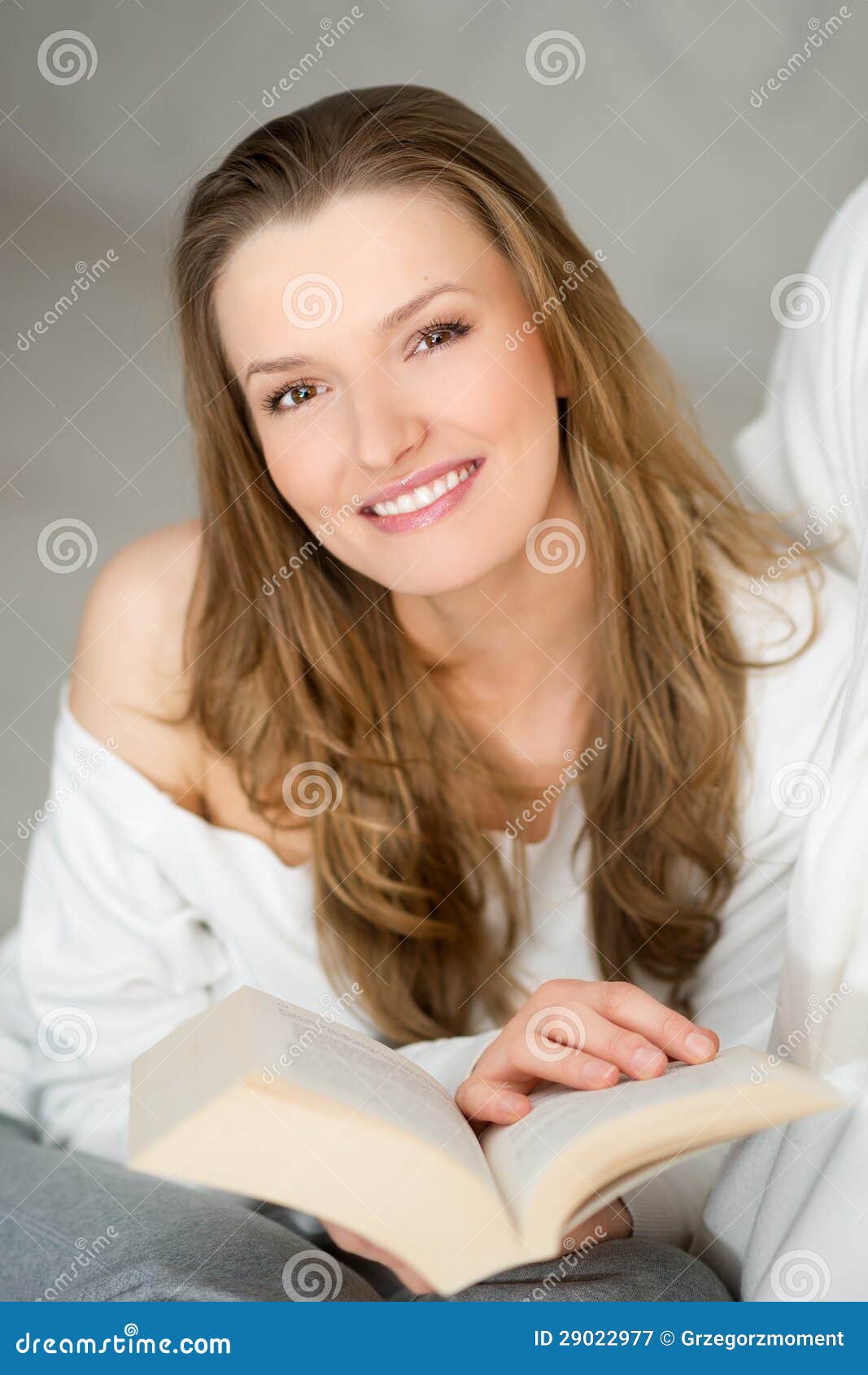 Happy Woman Reading Book at Home and Relaxing Stock Image - Image of ...
