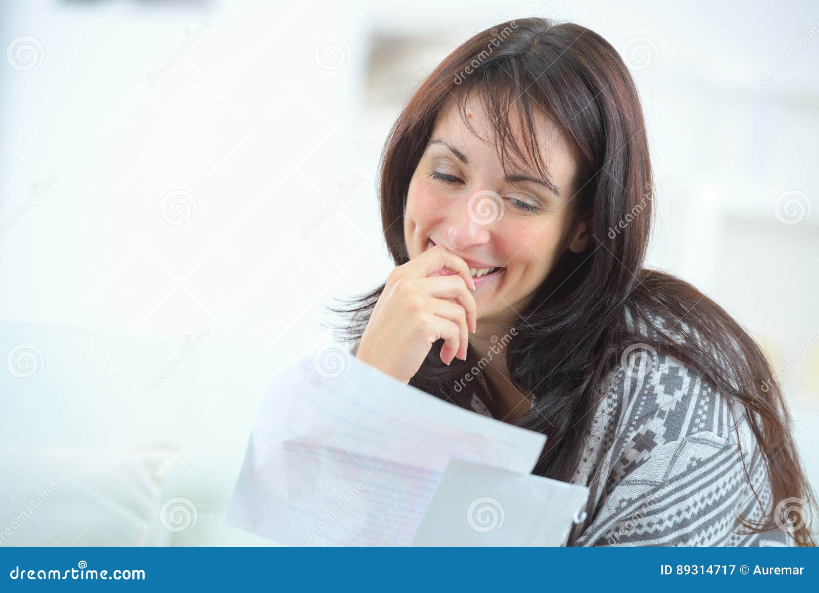 Happy woman reading letter stock image. Image of document - 89314717