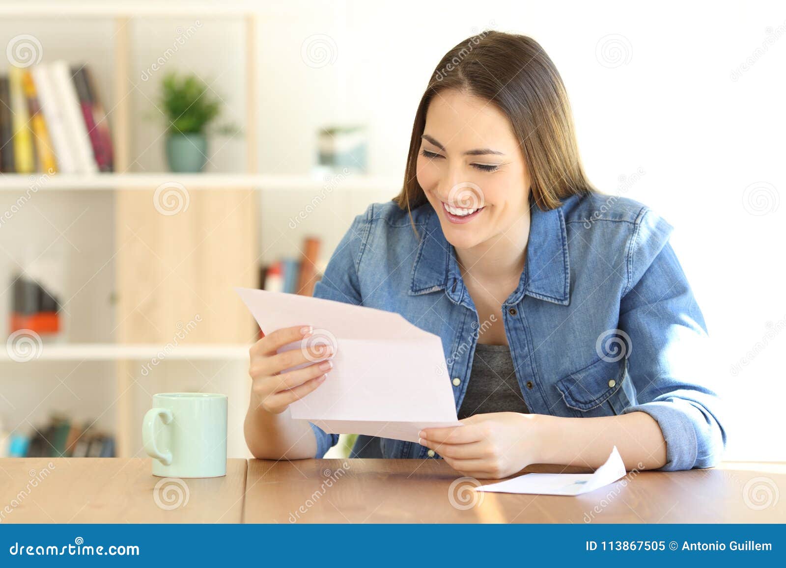 Happy Woman Reading a Letter at Home Stock Image - Image of bill ...
