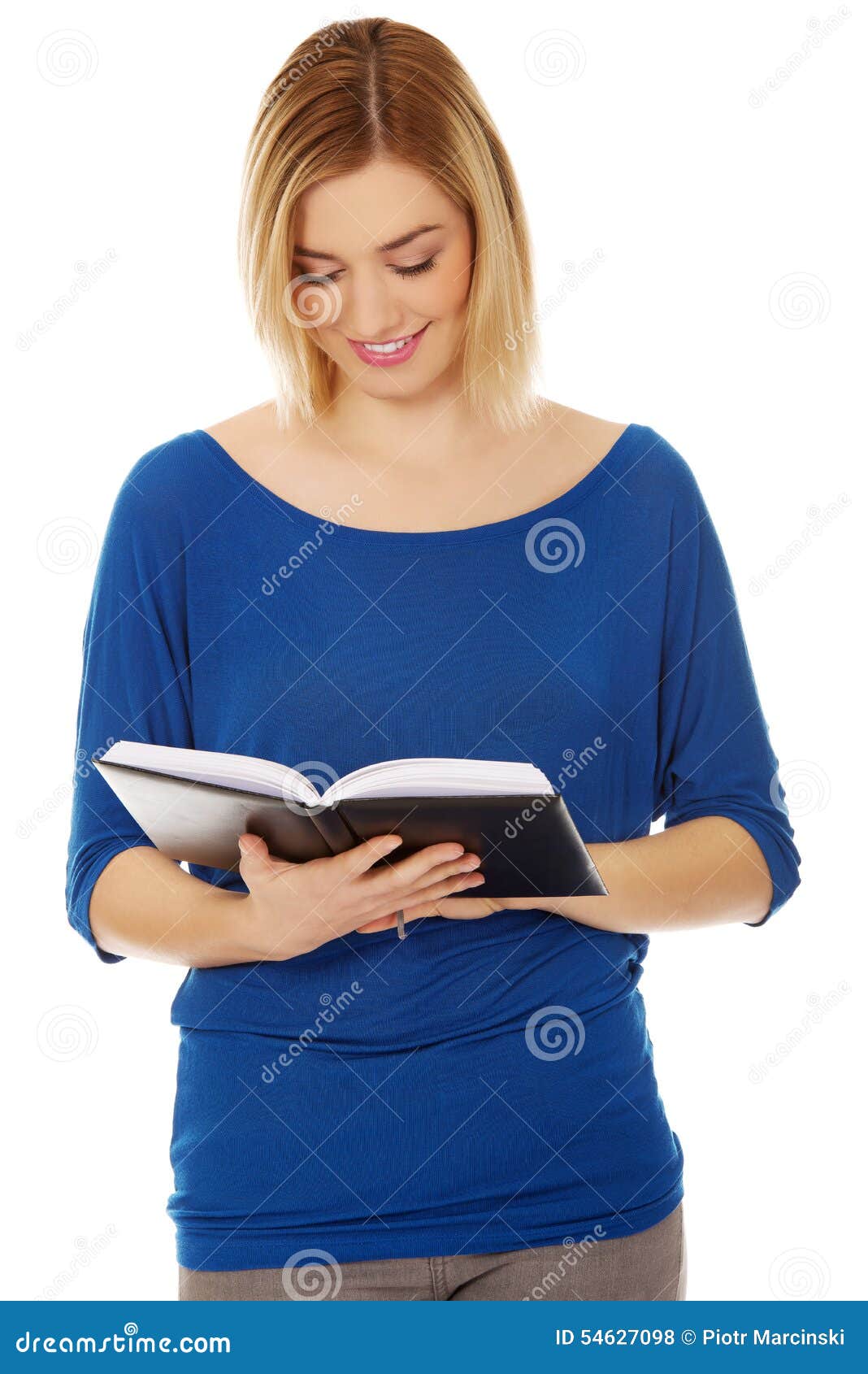 Happy woman reading notes. stock photo. Image of beautiful - 54627098