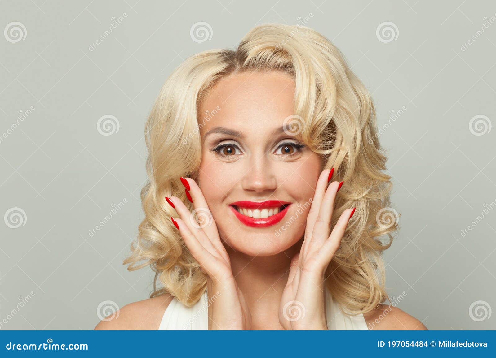 Happy Woman With Red Manicured Nails On White Fashion Portrait Stock