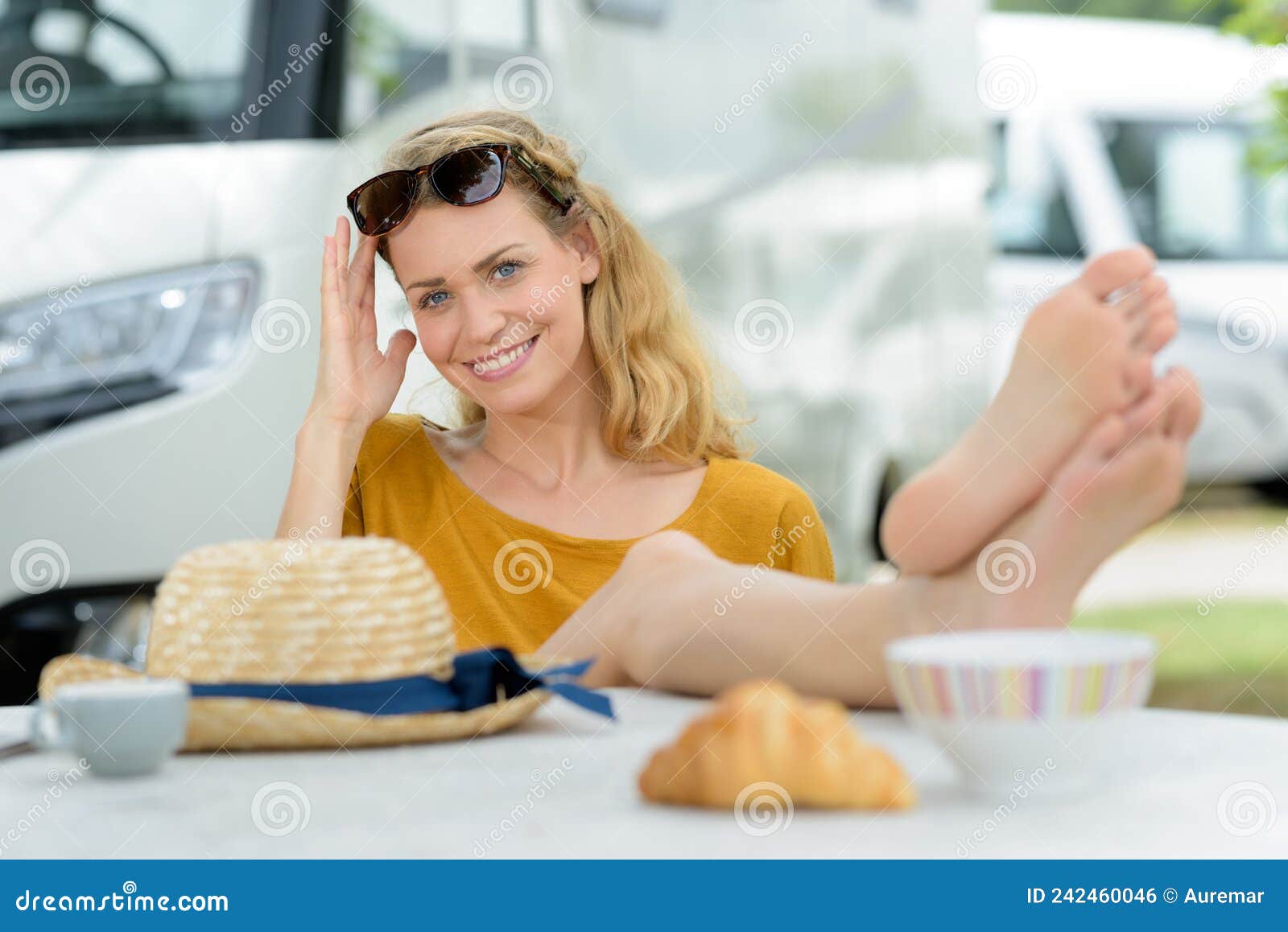 Happy Woman Relaxing at Wamping Site Stock Photo - Image of campfire ...