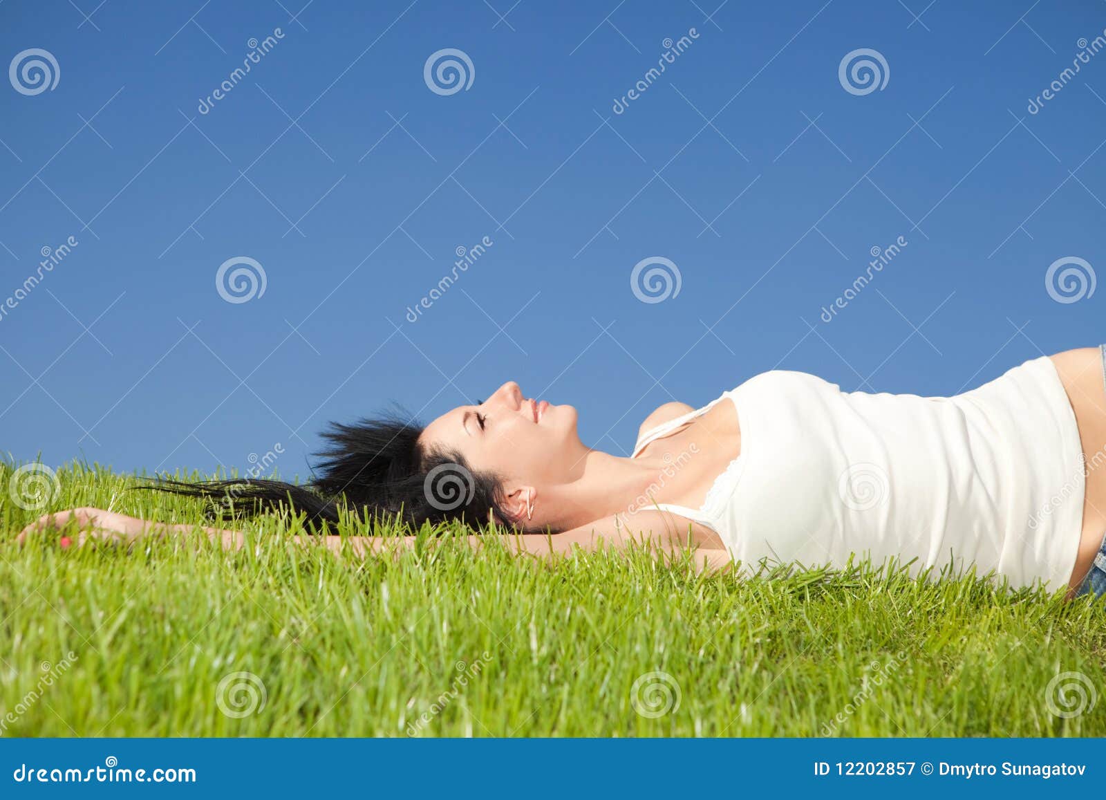 Happy Woman Rest on the Green Grass Stock Image - Image of fashion ...