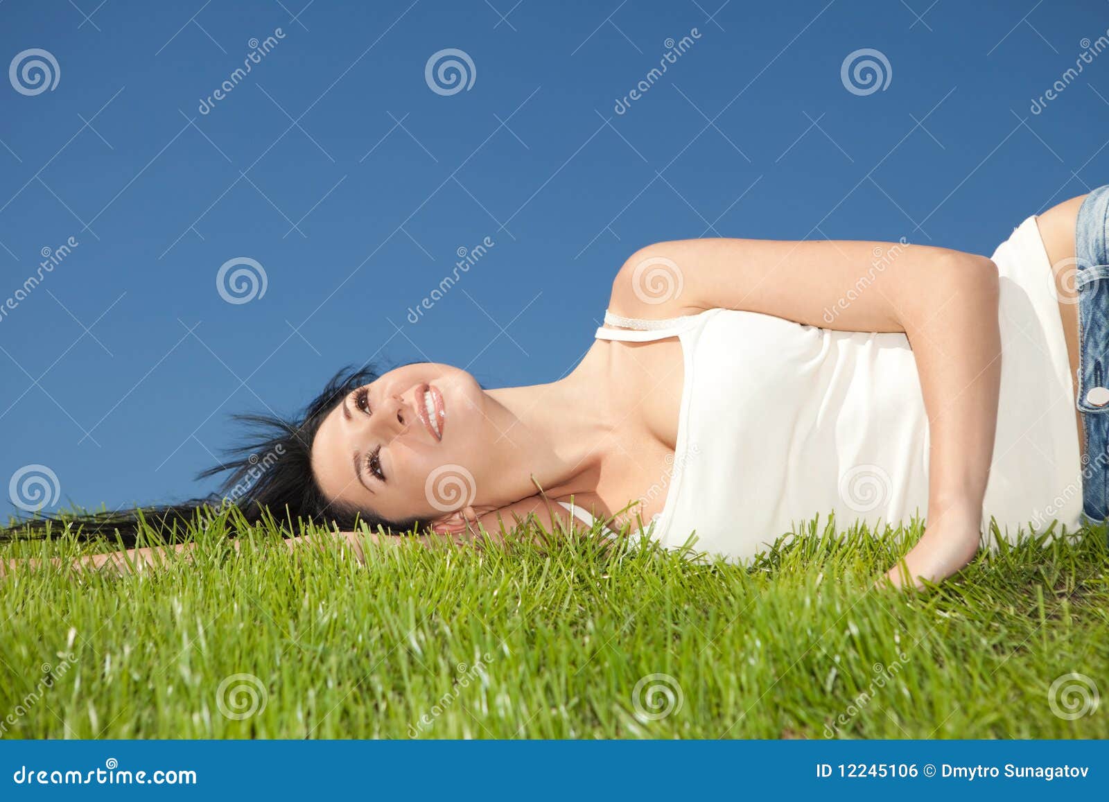 Happy Woman Rest on the Green Grass Stock Photo - Image of beauty ...