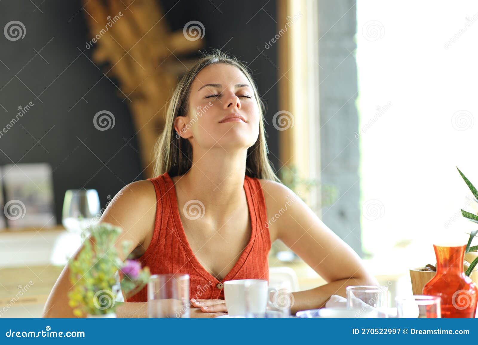 Happy Woman in a Restaurant Breathing Stock Image - Image of dinner ...