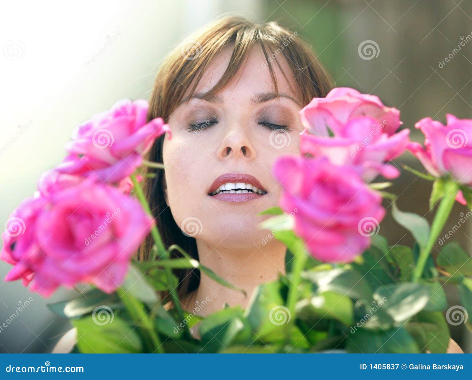 Happy woman with roses stock image. Image of care, beautiful - 1405837
