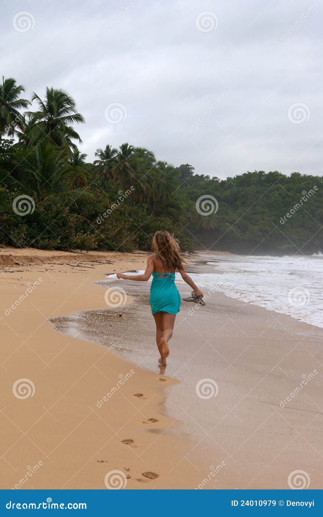 Happy Woman Running on Caribbean Beach Stock Image - Image of rear ...