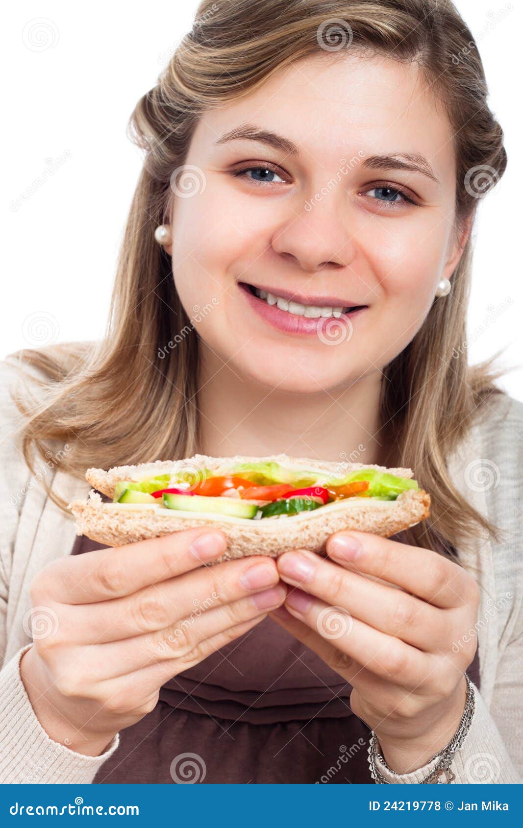 Happy woman with sandwich stock photo. Image of eating - 24219778
