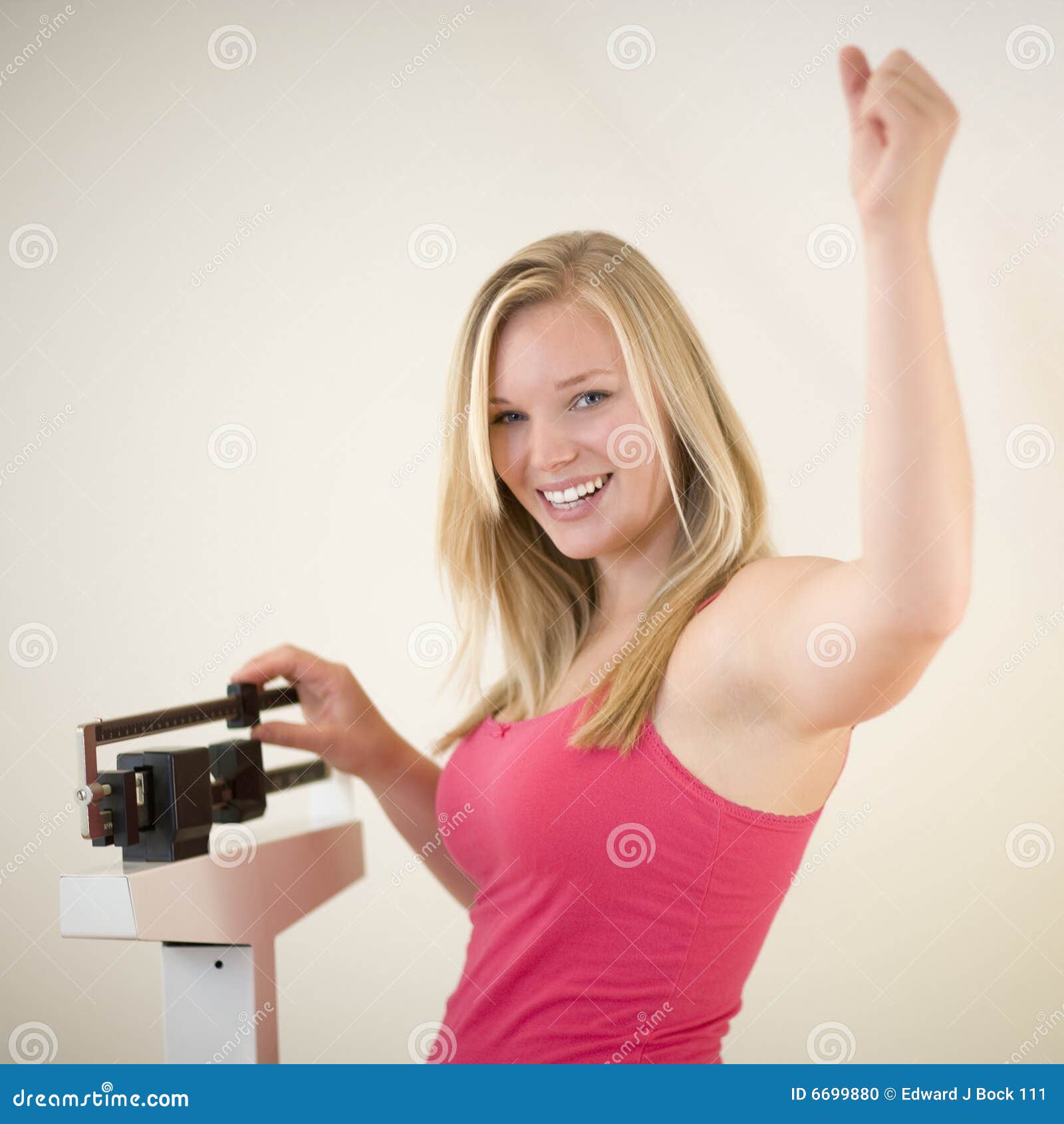Happy woman on scale stock photo. Image of lifestyle, healthy - 6699880