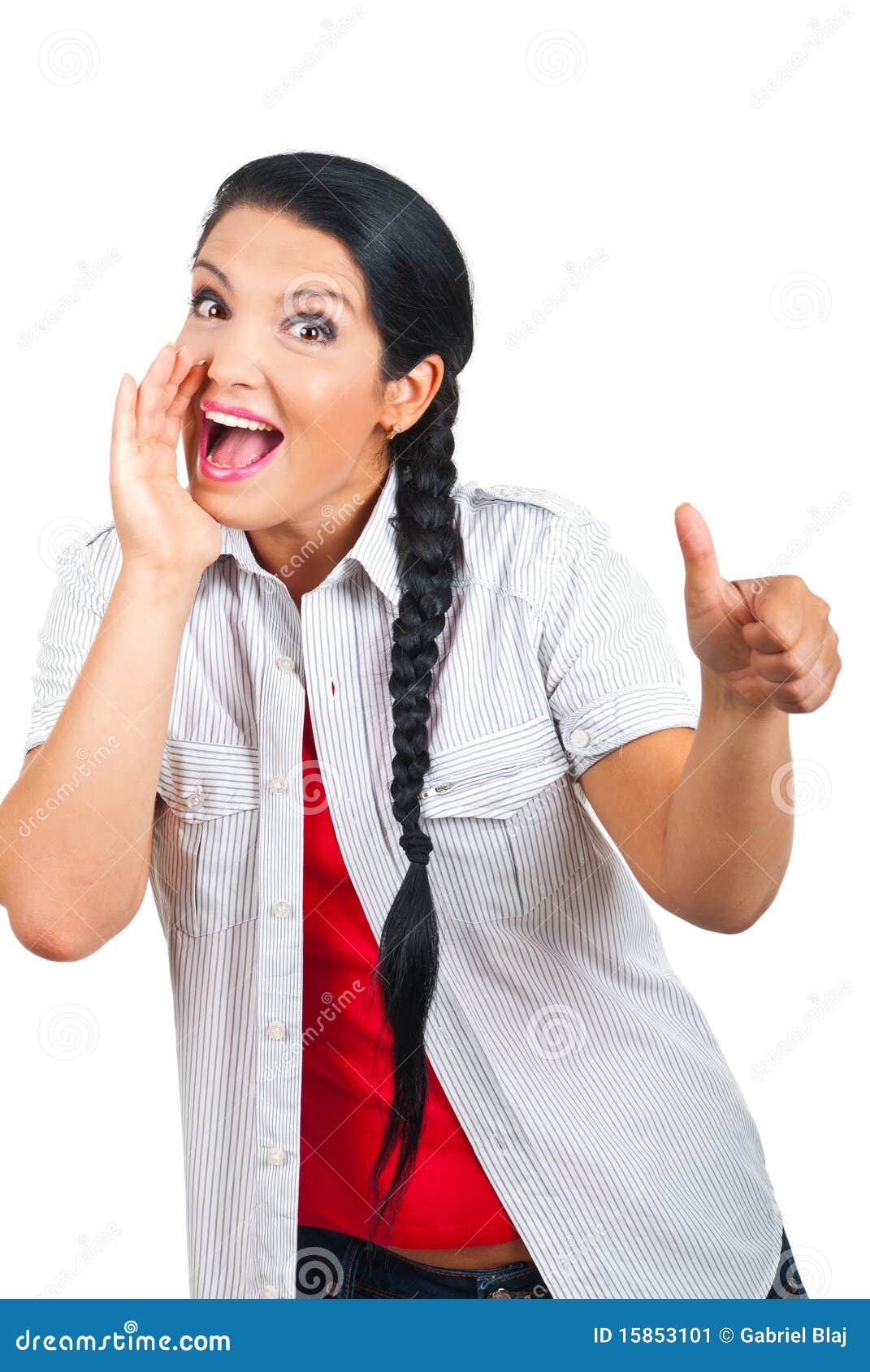 Happy Woman Shouting and Give Thumbs Stock Image - Image of excitement ...