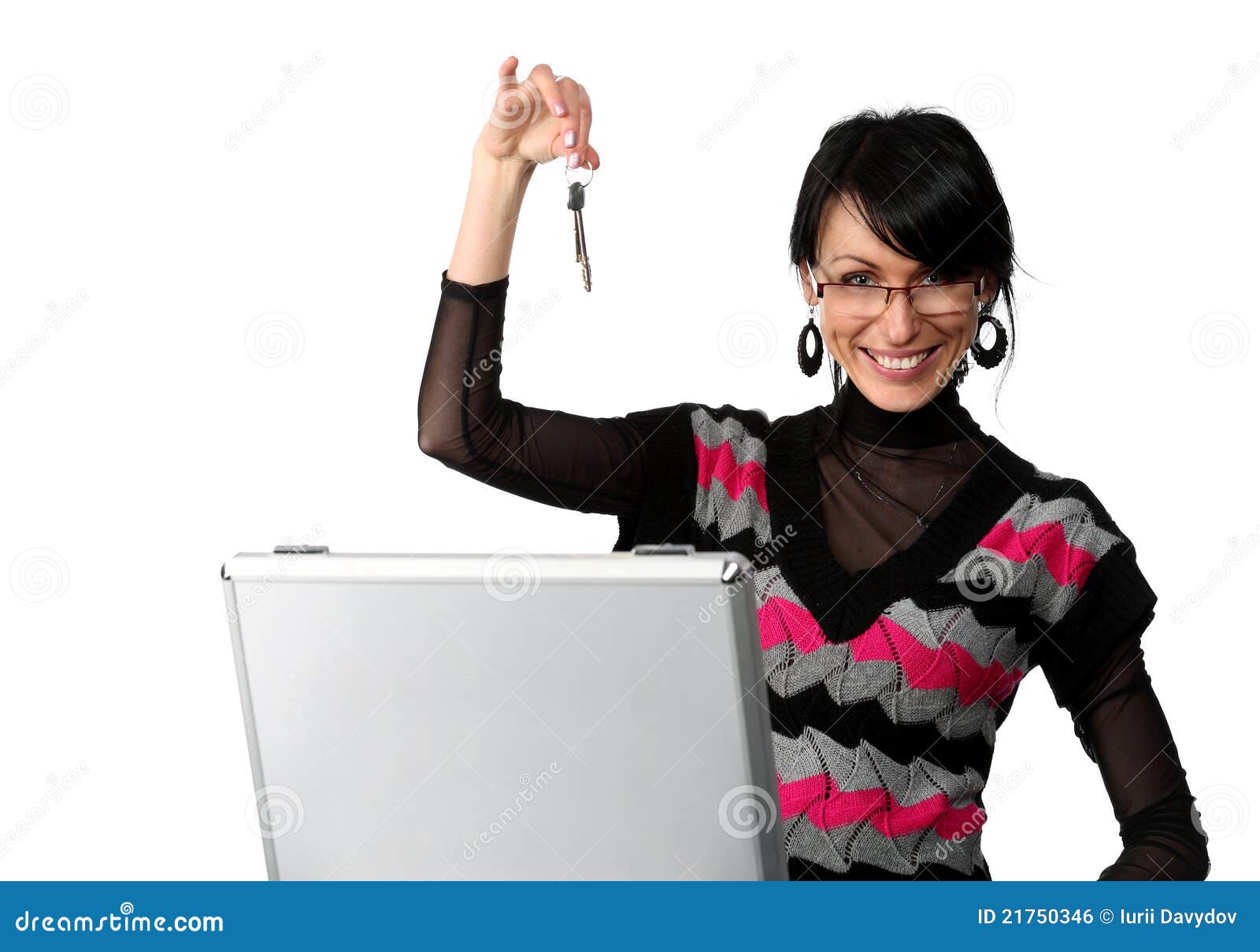 Happy Woman Showing Keys from the Suitcase Stock Photo - Image of metal ...