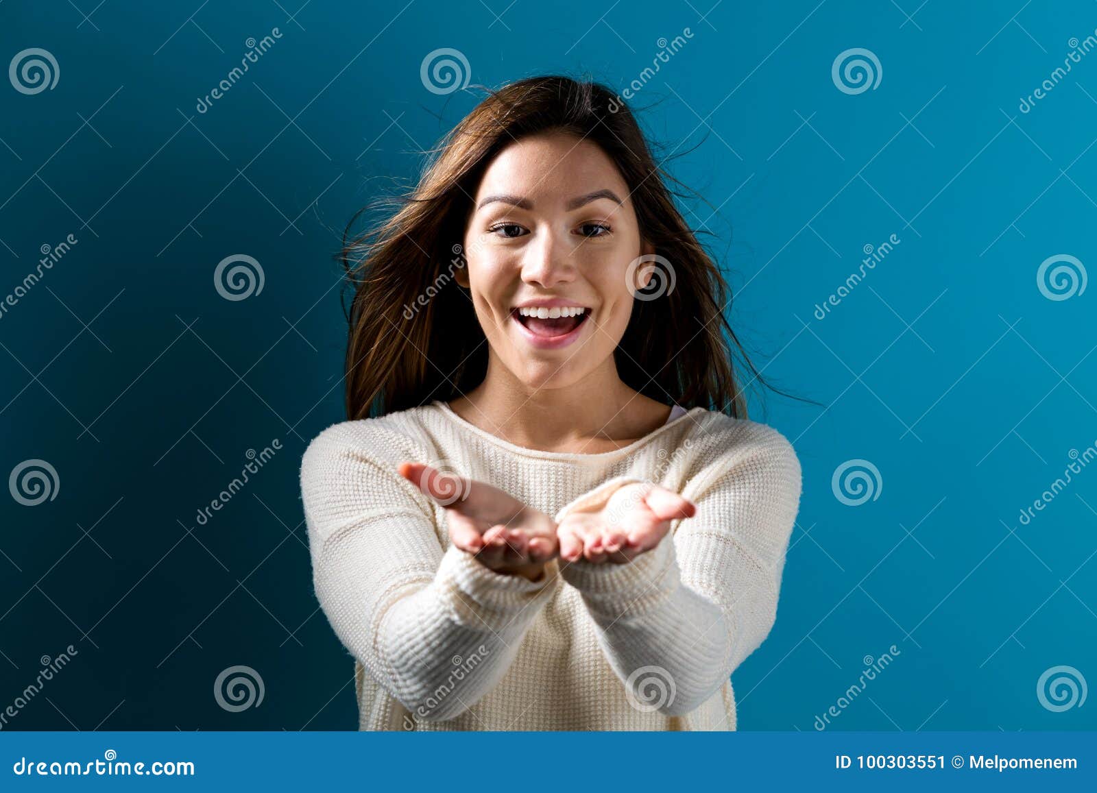 Happy Woman Showing Something with Her Hands Stock Image - Image of ...