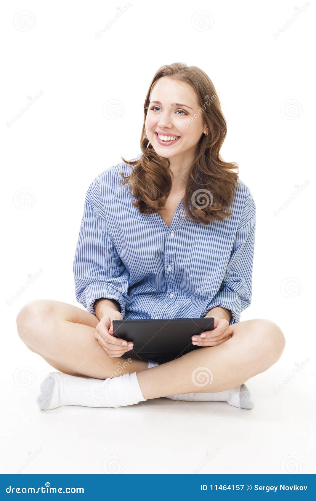 Happy Woman Simle and Sit with Laptop Stock Image - Image of internet ...