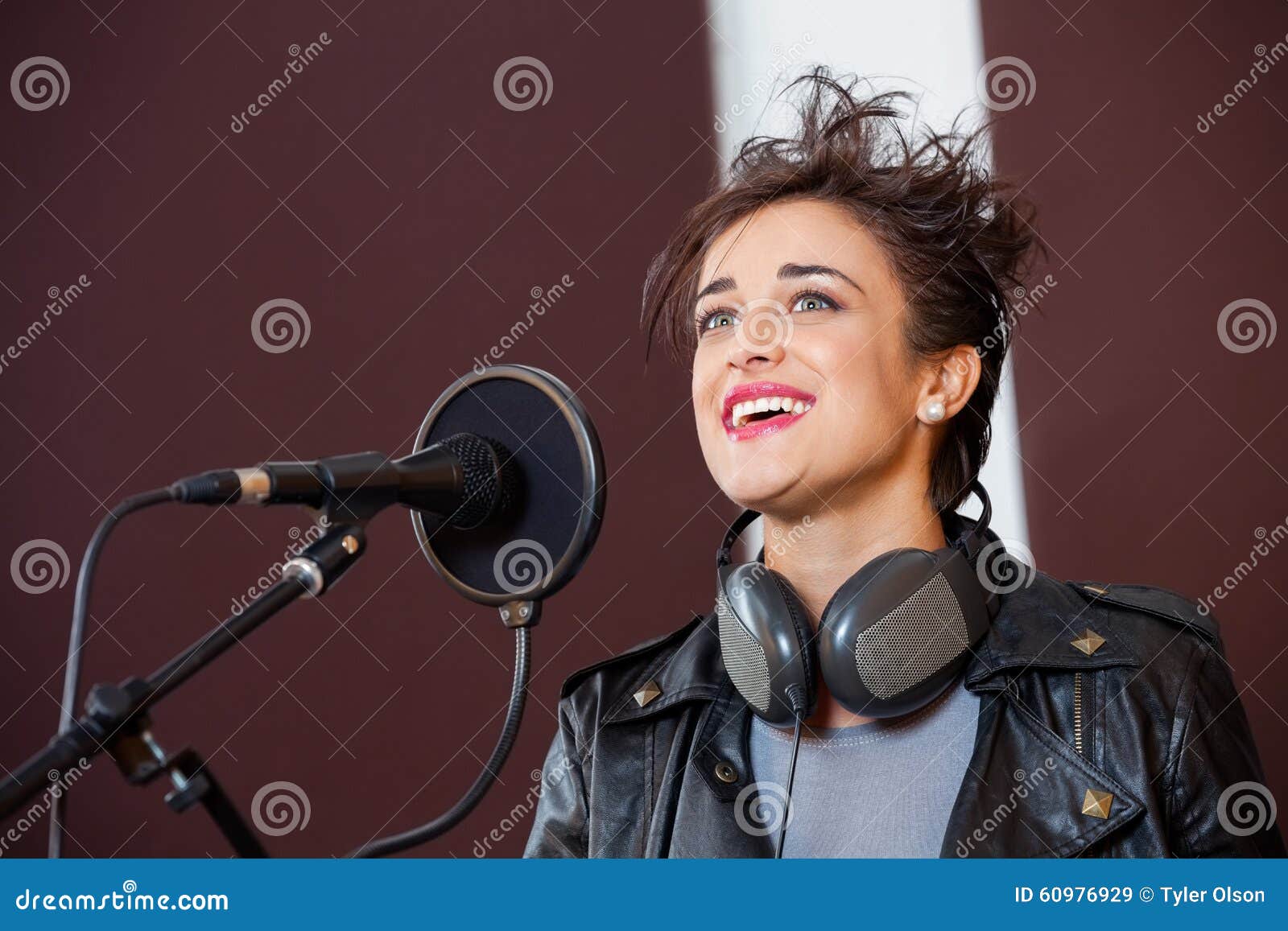 Happy Woman Singing in Recording Studio Stock Image - Image of funky ...