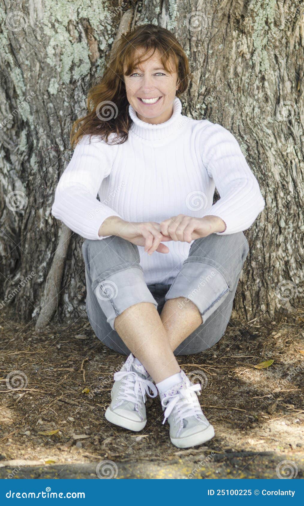 Happy Woman Sitting Against a Tree. Stock Image - Image of adult ...