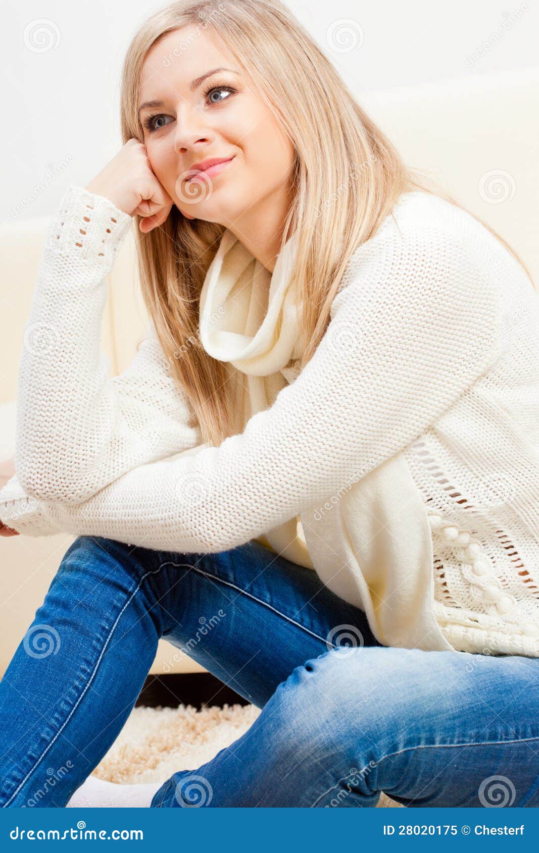 Happy Woman Sitting on Carpet Stock Image - Image of happy, indoors ...