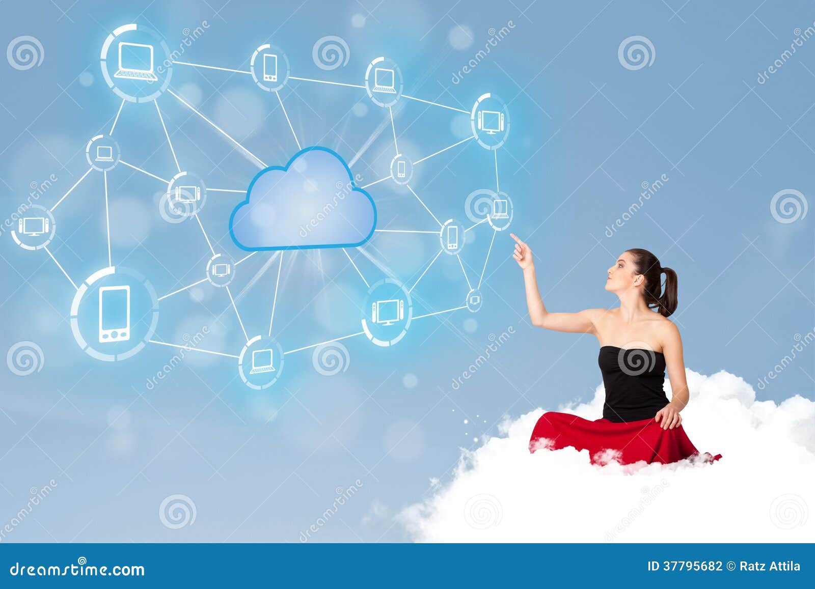 Happy Woman Sitting on Cloud with Cloud Computing Stock Photo - Image ...