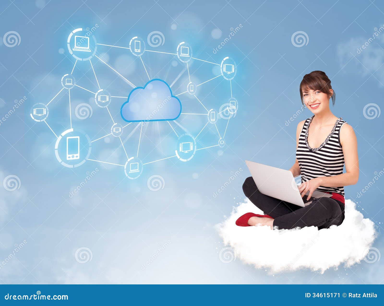 Happy Woman Sitting on Cloud with Cloud Computing Stock Image - Image ...