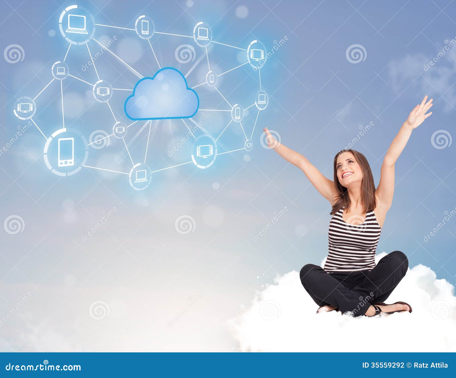 Happy Woman Sitting on Cloud with Cloud Computing Stock Photo - Image ...