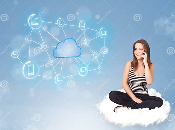 Happy Woman Sitting on Cloud with Cloud Computing Stock Image - Image ...