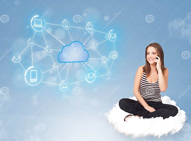 Happy Woman Sitting on Cloud with Cloud Computing Stock Image - Image ...