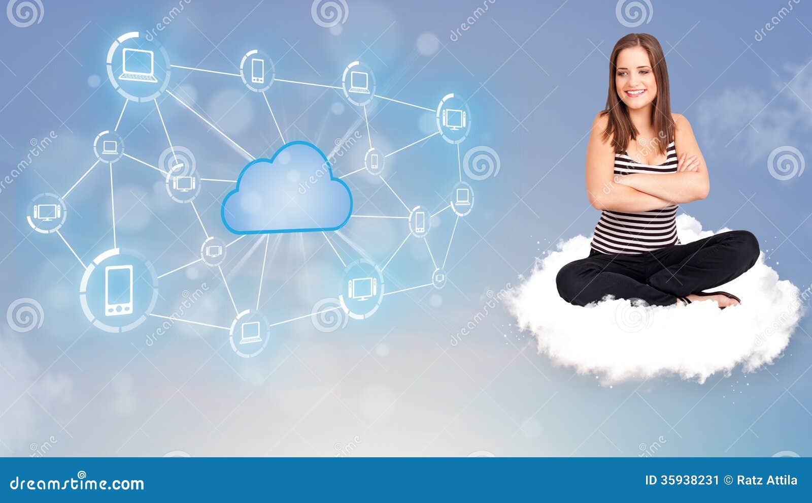 Happy Woman Sitting on Cloud with Cloud Computing Stock Image - Image ...