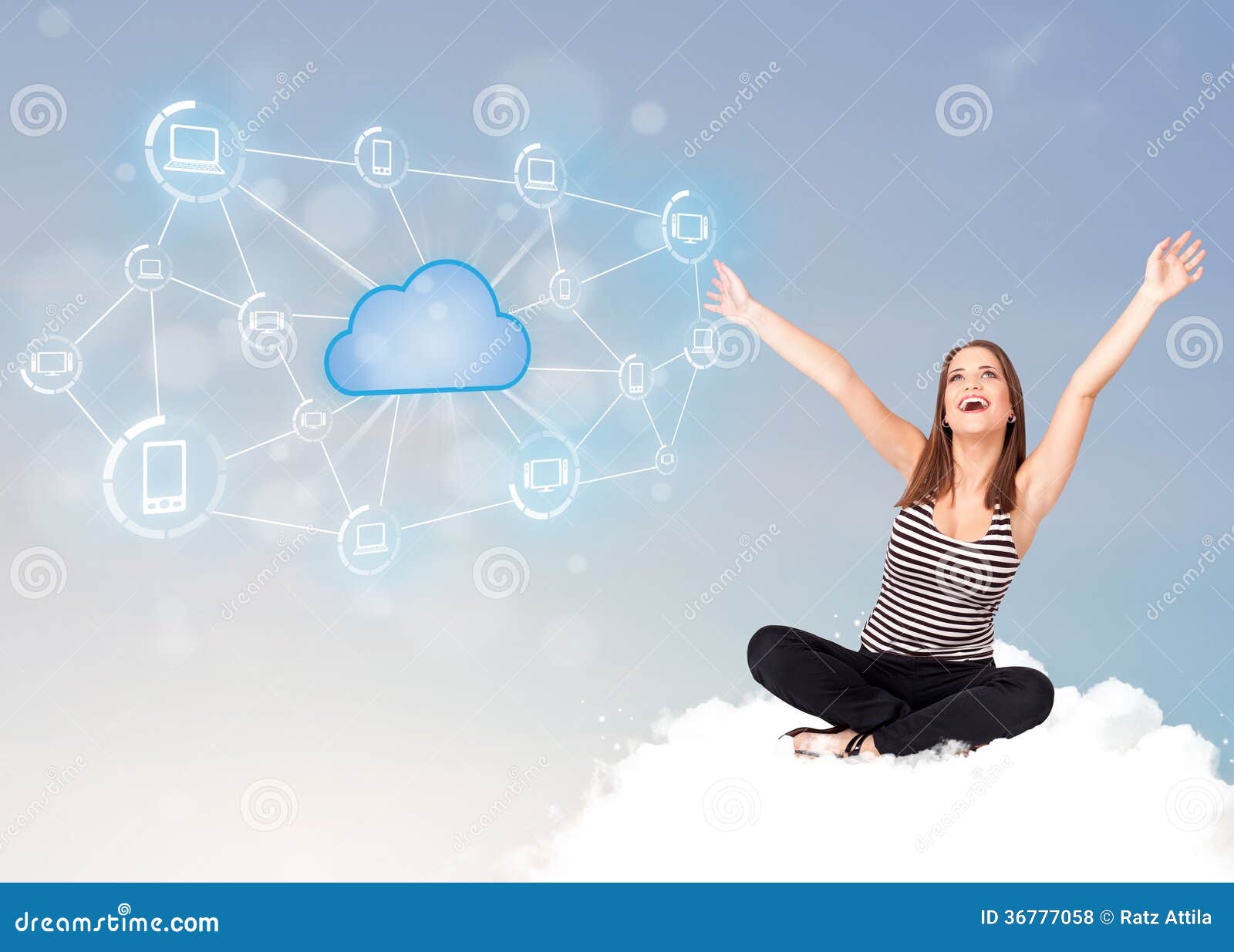 Happy Woman Sitting on Cloud with Cloud Computing Stock Photo - Image ...