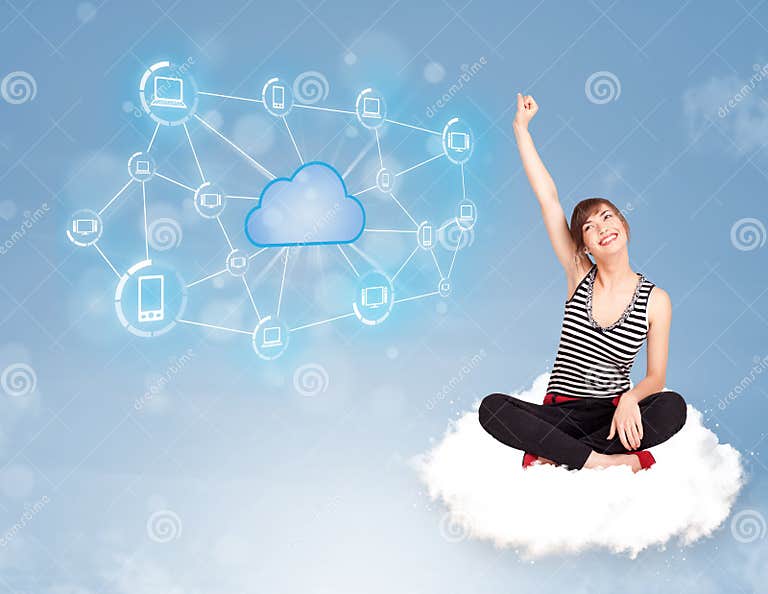 Happy Woman Sitting on Cloud with Cloud Computing Stock Image - Image ...