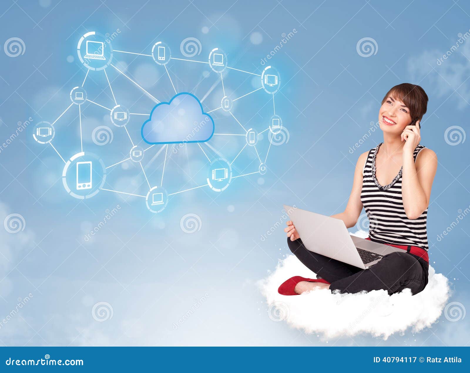 Happy Woman Sitting on Cloud with Cloud Computing Stock Image - Image ...
