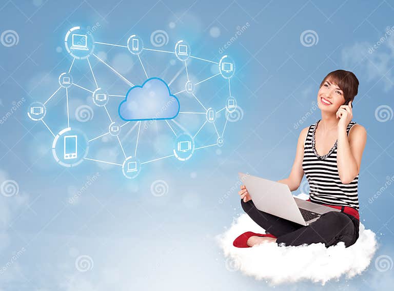 Happy Woman Sitting on Cloud with Cloud Computing Stock Image - Image ...
