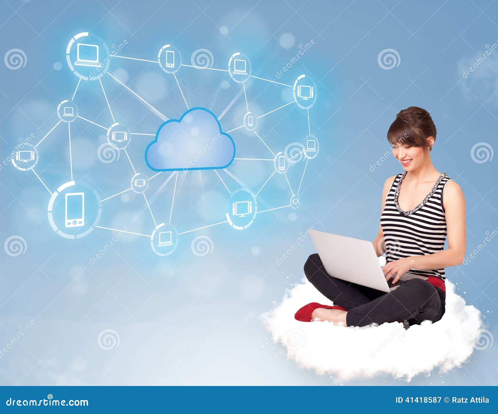 Happy Woman Sitting on Cloud with Cloud Computing Stock Image - Image ...