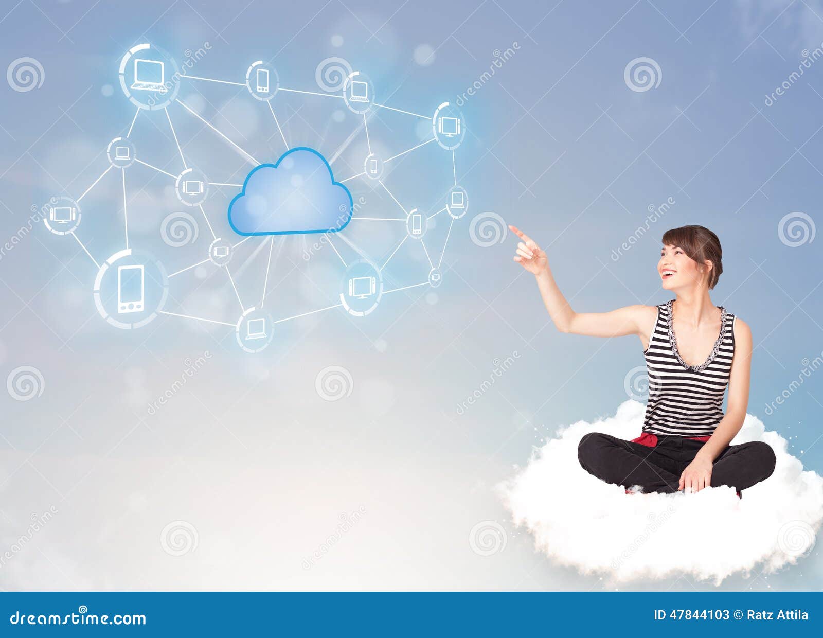 Happy Woman Sitting on Cloud with Cloud Computing Stock Image - Image ...