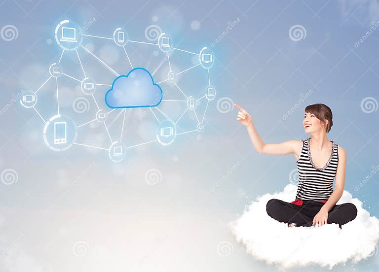 Happy Woman Sitting on Cloud with Cloud Computing Stock Image - Image ...