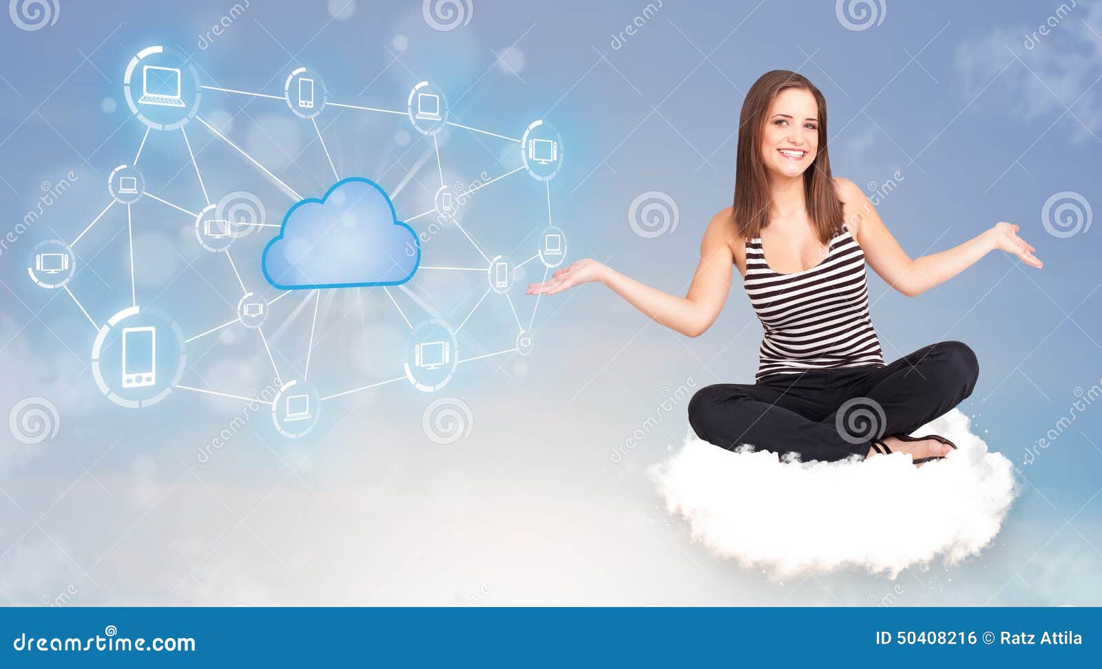 Happy Woman Sitting on Cloud with Cloud Computing Stock Photo - Image ...