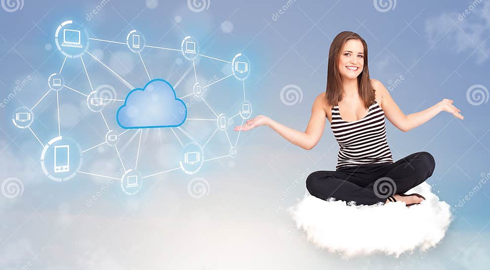 Happy Woman Sitting on Cloud with Cloud Computing Stock Photo - Image ...
