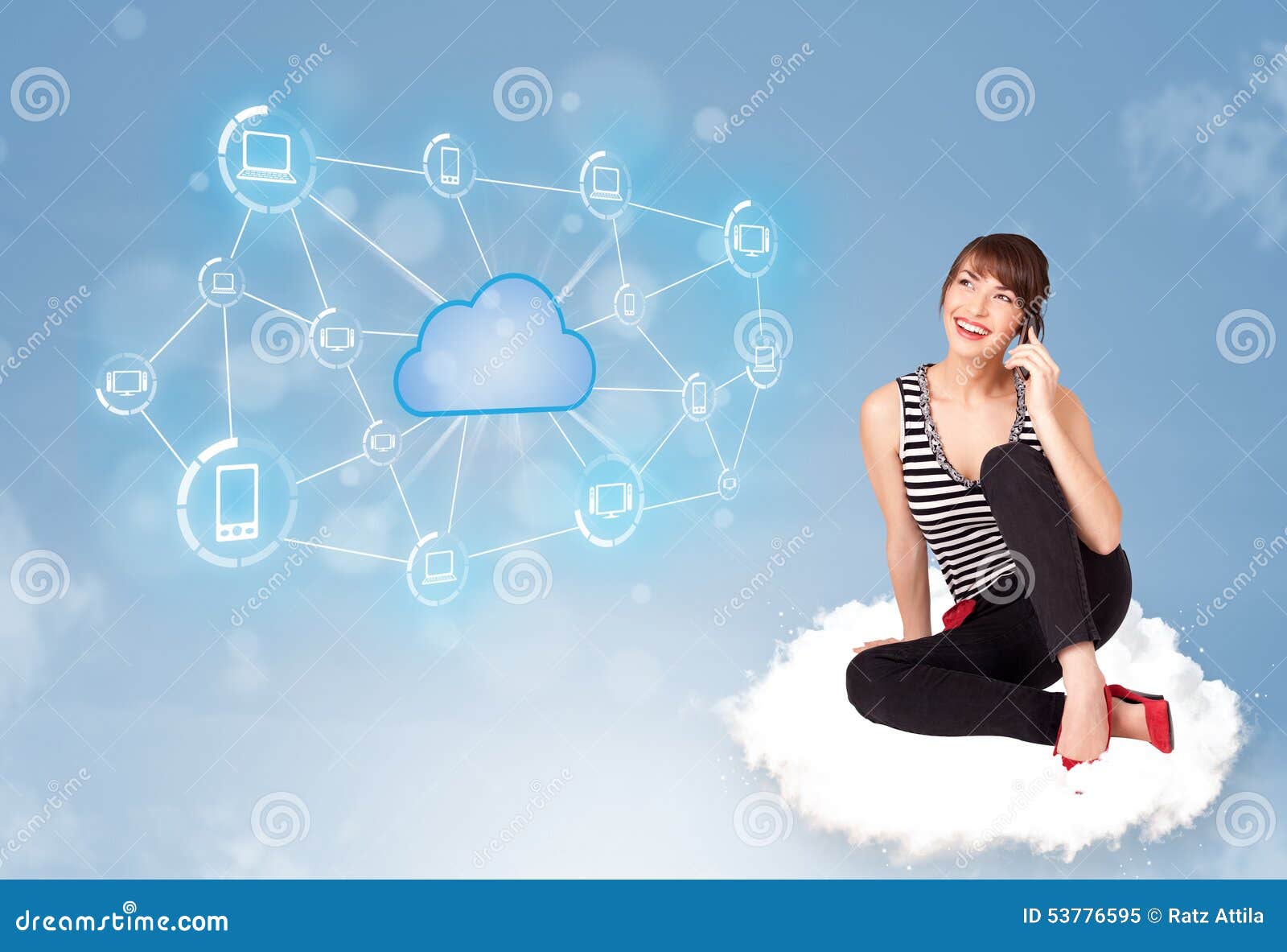 Happy Woman Sitting on Cloud with Cloud Computing Stock Image - Image ...