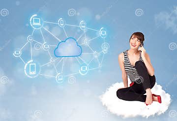 Happy Woman Sitting on Cloud with Cloud Computing Stock Image - Image ...