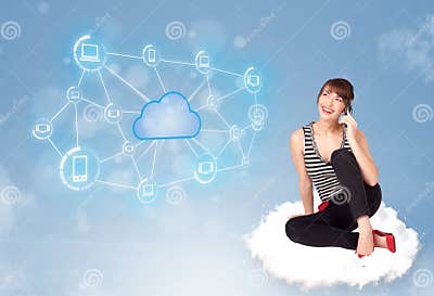 Happy Woman Sitting on Cloud with Cloud Computing Stock Image - Image ...