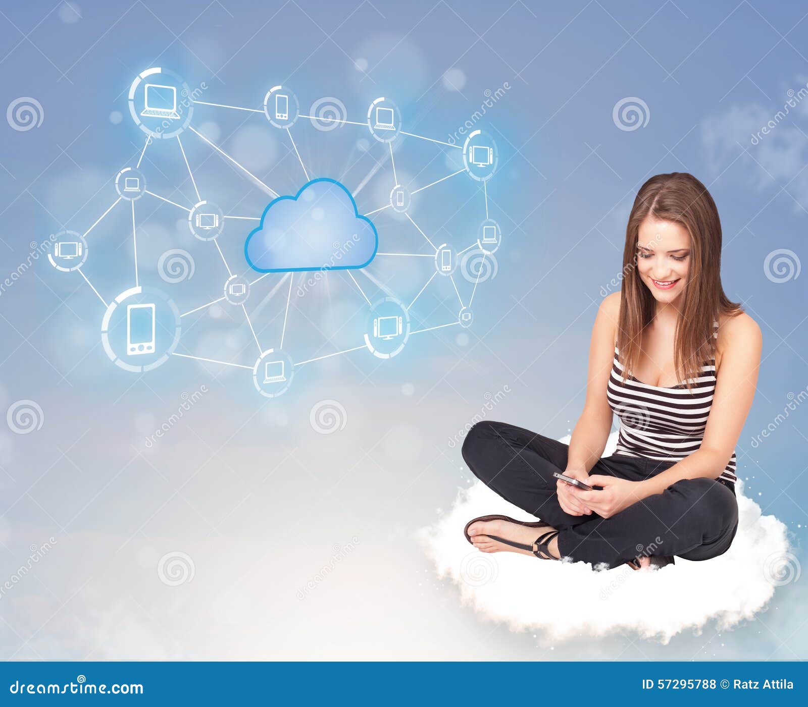 Happy Woman Sitting on Cloud with Cloud Computing Stock Photo - Image ...