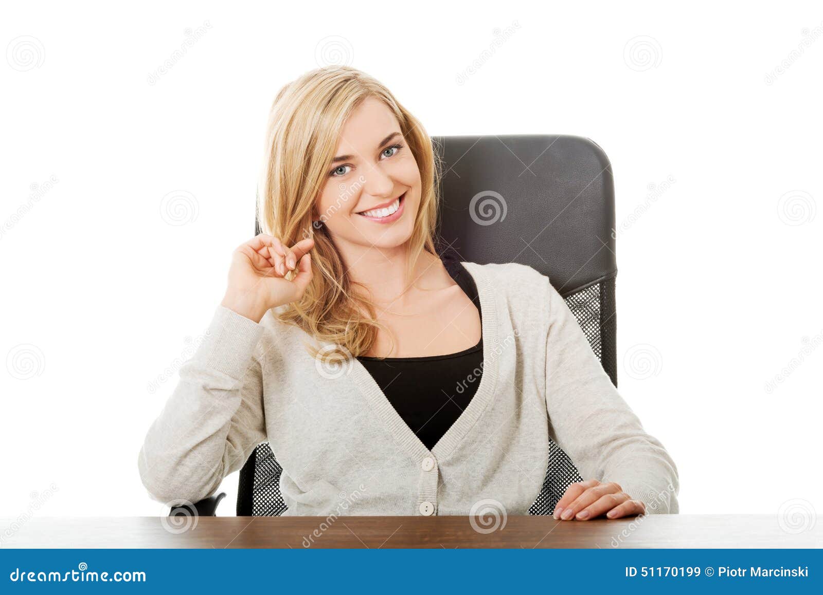 Happy Woman Sitting at the Desk Stock Image - Image of desk, hand: 51170199