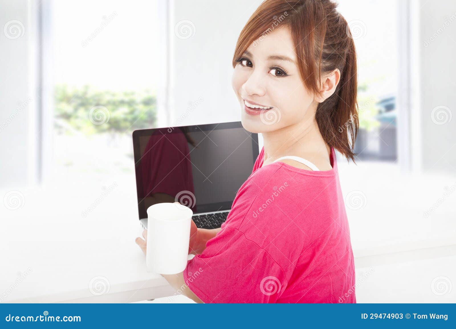Happy Woman Sitting with Laptop Computer Stock Image - Image of living ...