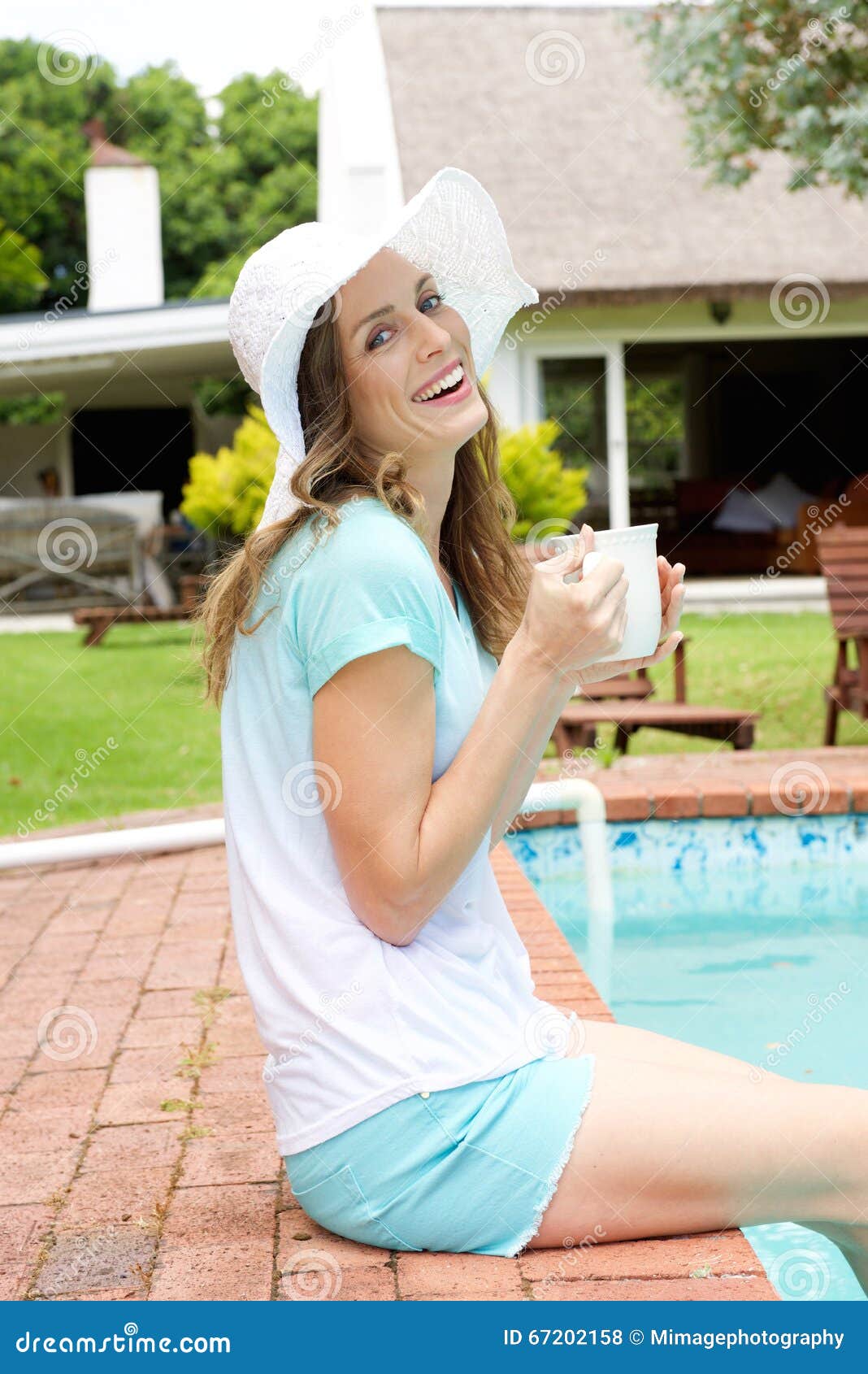 Happy Woman Sitting Poolside with Cup of Coffee Stock Photo - Image of ...