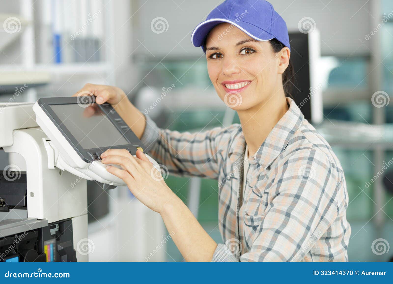 Happy Woman Smiling at Camera Fixing Printer Stock Photo - Image of ...