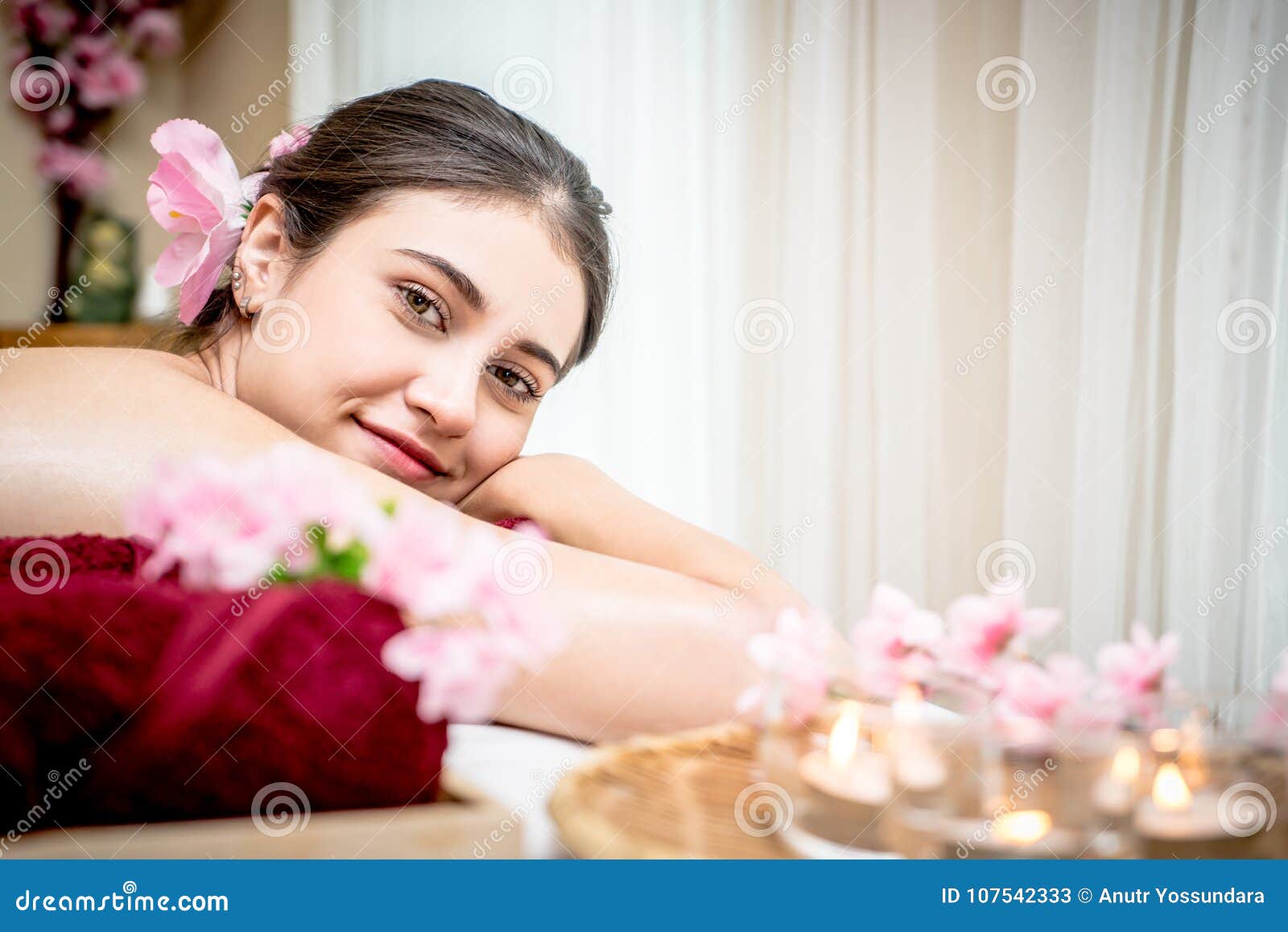Happy Woman Smiling While Relaxing On Aroma Spa Bed Stock Image Image