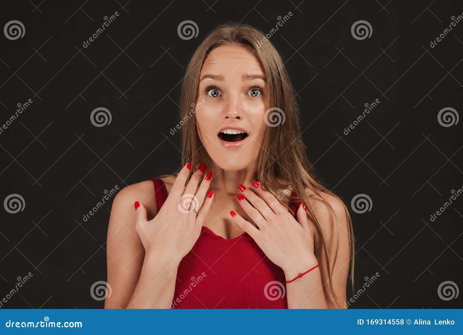 Happy Woman Smiling and Showing Proposal Ring on Her Hand. Stock Photo ...