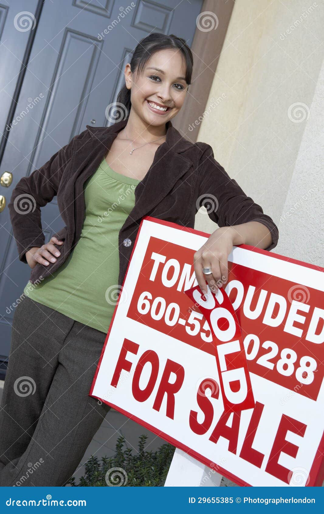Happy Woman Standing by Sign Board Stock Image - Image of investment ...