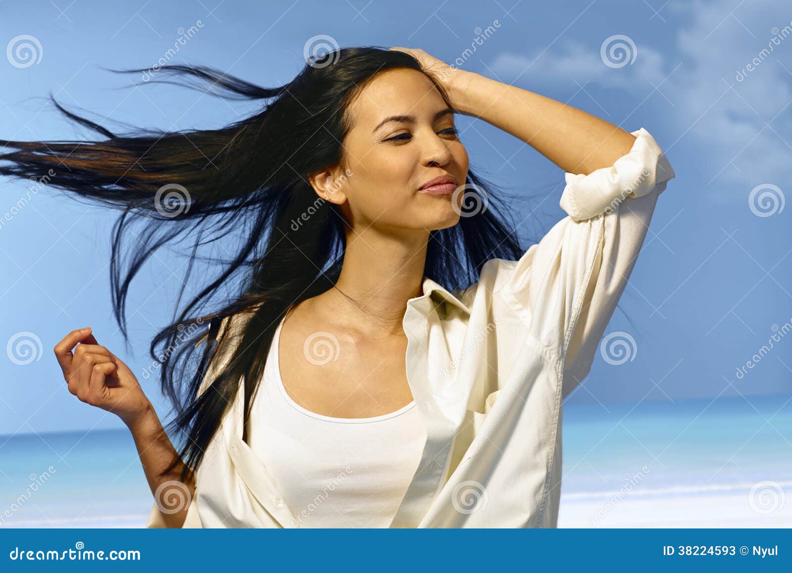 Happy Woman Standing in Summer Wind Stock Image - Image of enjoy ...