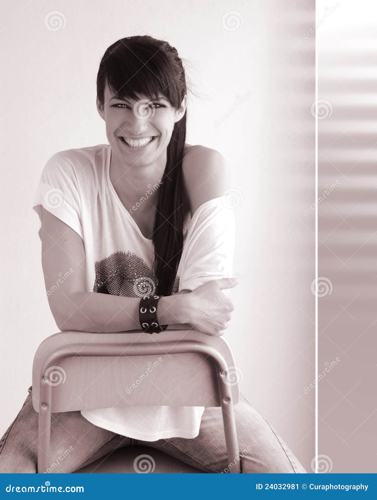 Happy woman in stool stock image. Image of playful, casual - 24032981